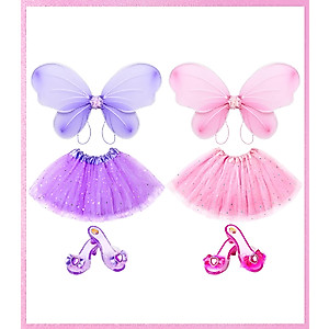 Princess Dresses for Girls Fairy Wings, BIBUTY Dress Up Clothes Pretend Play Costumes Trunk with 3 Sets of Princess Dress Up Shoes, Glitter Girls Tutu Skirts and Butterfly Wings, Toys for 3-6 yr Girls