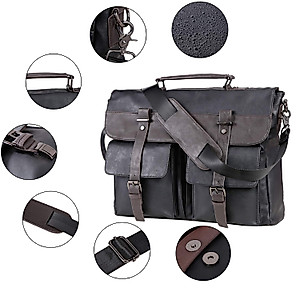 Leather Messenger Bag for Men, 17.3 Inch Vintage PU Leather Laptop Bag Briefcase Satchel, Large Messenger Bag Water Resistant Mens Work Bag (Black)