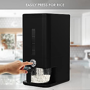 Retail Blade 25lb Rice Dispenser - Air Tight Grain & Rice Container With Smart Quantity Dispense, Measuring Cup - NEW Black Design Grain Storage Container.