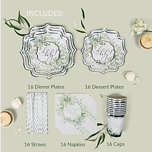 Greenery Baby Shower | Sage Green "Oh Baby" Baby Shower Set | Stunning Real Silver Foil | Serves 16 | Gender Neutral Baby Shower Decorations | Elegant Greenery Baby Shower Decorations |Greenery theme