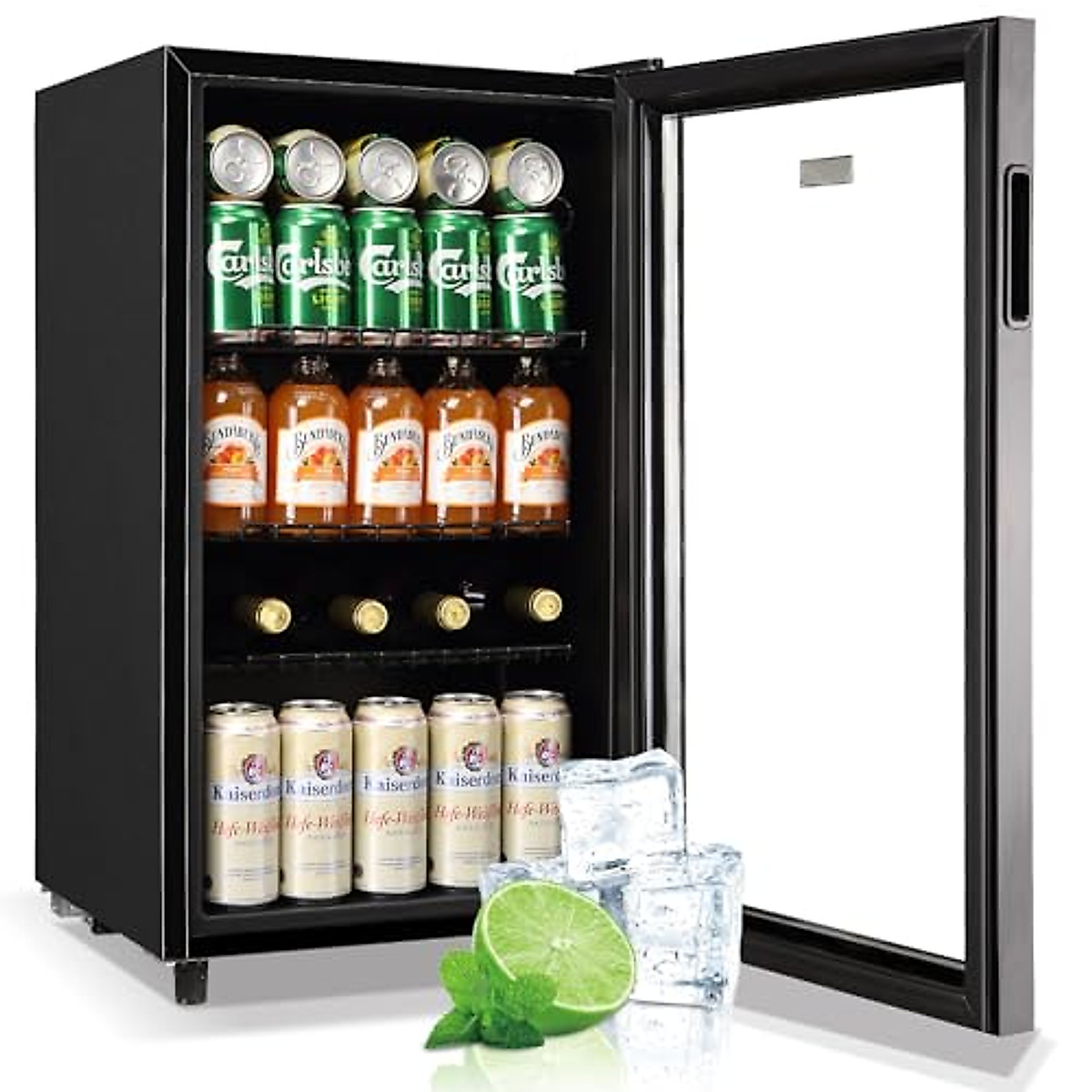 WANAI Beverage Refrigerator Cooler Mini Fridge Glass Door 125 Can Beer Fridge Drinks Wines Juice Soda Cooler 3 Adjustable Shelves Blue LED Lights Temp Control for Home Dorm Bar Office