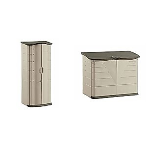 Rubbermaid Vertical Resin Weather Resistant Outdoor Garden Storage Shed, 2x2.5 Feet & Large Horizontal Resin Weather Resistant Outdoor Garden Storage Shed, Olive and Sandstone 32 Cubic ft