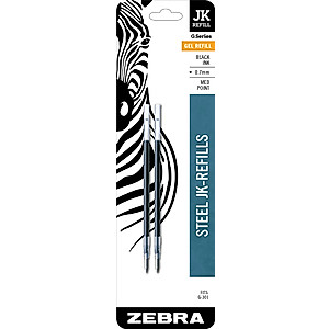 Zebra Pen G-Series Stainless Steel Gel Ink Pen JK-Refill, Medium Point, 0.7mm, Black Ink, 2-Pack