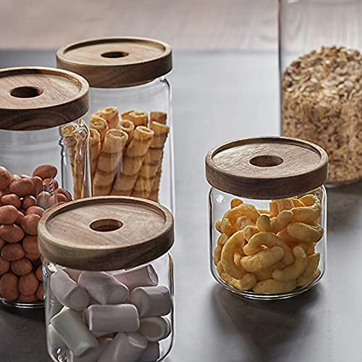 Bekith 4 Pack 15 FL OZ (450ml) Glass Food Storage Jar with Acacia Lids, Airtight Sealed Clear Glass Canisters, Kitchen Food Storage Container for Serving Tea, Coffee Beans, Nuts, Spice, Sugar