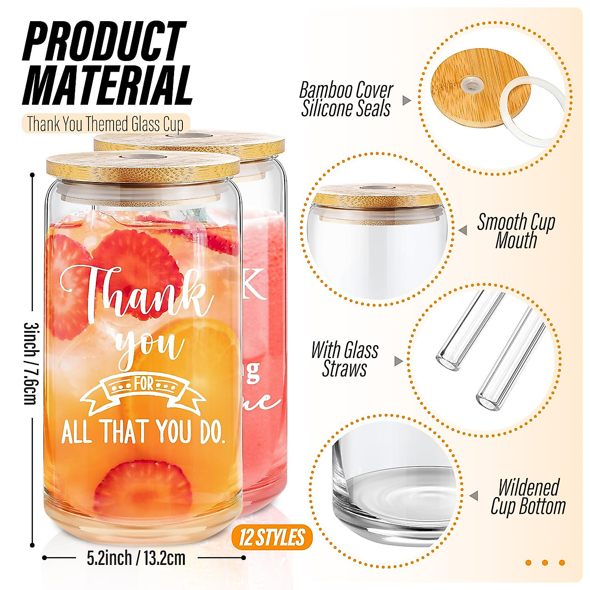 Irenare 10 Pcs Thank You Gift Bulk 17 oz Glass Cup Employee Appreciation Gift Can Shaped Glass Cup with Bamboo Lid Straw for Women Teacher Nurse Graduation