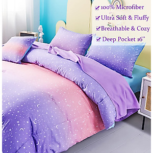 URBONUR Twin Comforter Set for Girls 6Pcs Gradient Purple Orange Blue Moon Star Printed Bed in a Bag Soft Breathable Bedding Set for All Season (Star, Twin Size)