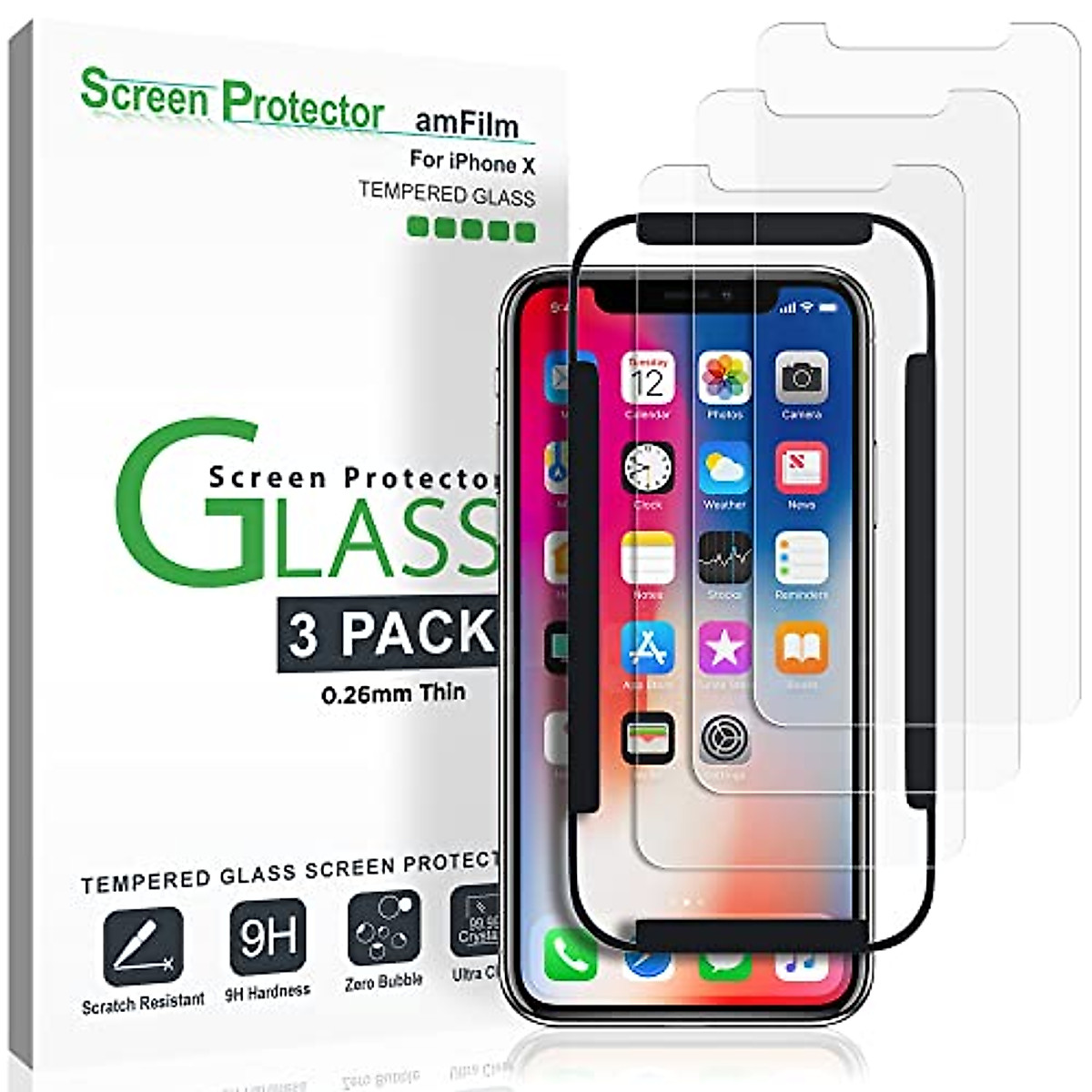amFilm (3-Pack) iPhone XS/X Screen Protector, 0.26mm 9H Tempered Glass Screen Protector with Easy Installation Tray for Apple iPhone 10.