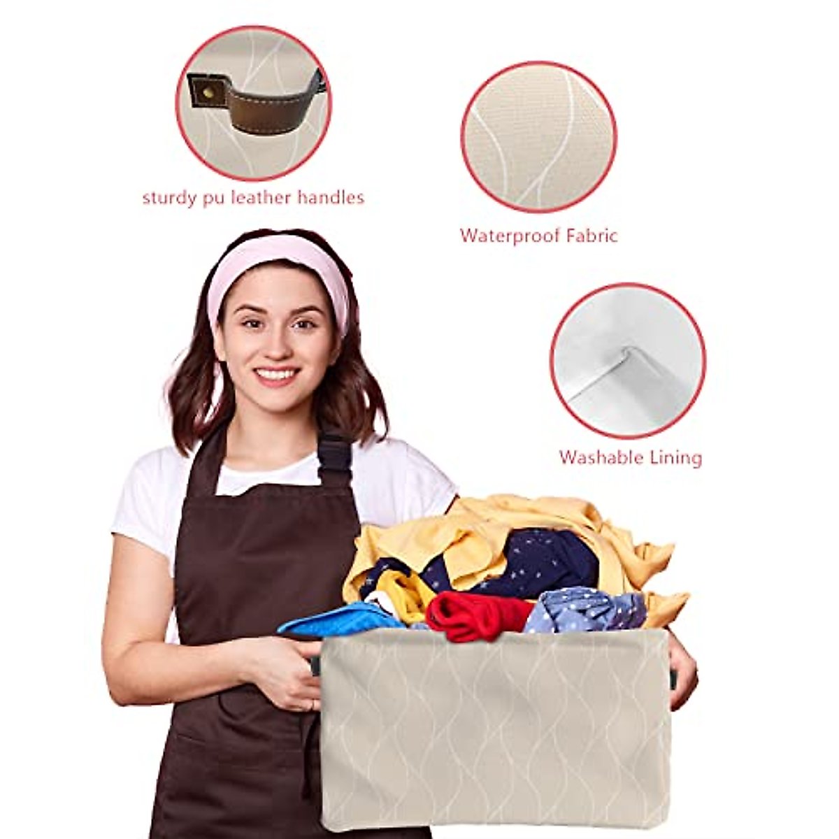 Storage Baskets for Organizing, Toy Box Chest Long Wavy Pattern on Brown Texture Foldable Cube Storage Bin with 2 Leather Handles Set of 2