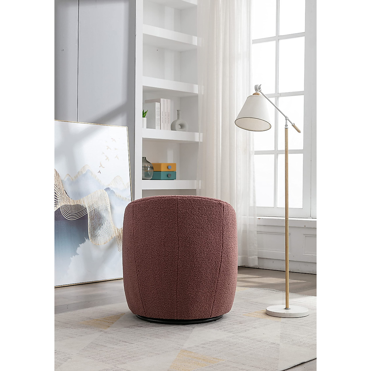 INMOZATA Swivel Barrel Chair, Teddy Fabric Swivel Accent Armchair Barrel Chair with Metal Base, Upholstered Comfy 360°Round Single Reading Chair for Living Room Bedroom,Red