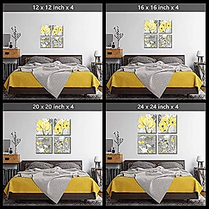 Wall HDQ Yellow Gray Wall Art Canvas Flowers Birds Wall Decor for Living Room Bathroom Abstract Modern Floral Large Posters Print Artwork Framed Hang Pictures for Home Decorations 12''x12'' x4 Panels