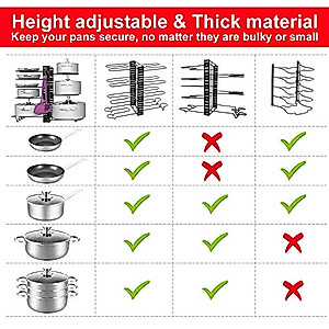 Pan Pot Organizer Rack, MASSUGAR Pan Organizer Adjustable Pot Rack with Hook, Black Metal Kitchen Cabinet Pantry Pot Lid Holder, 3 DIY Methods (Black)