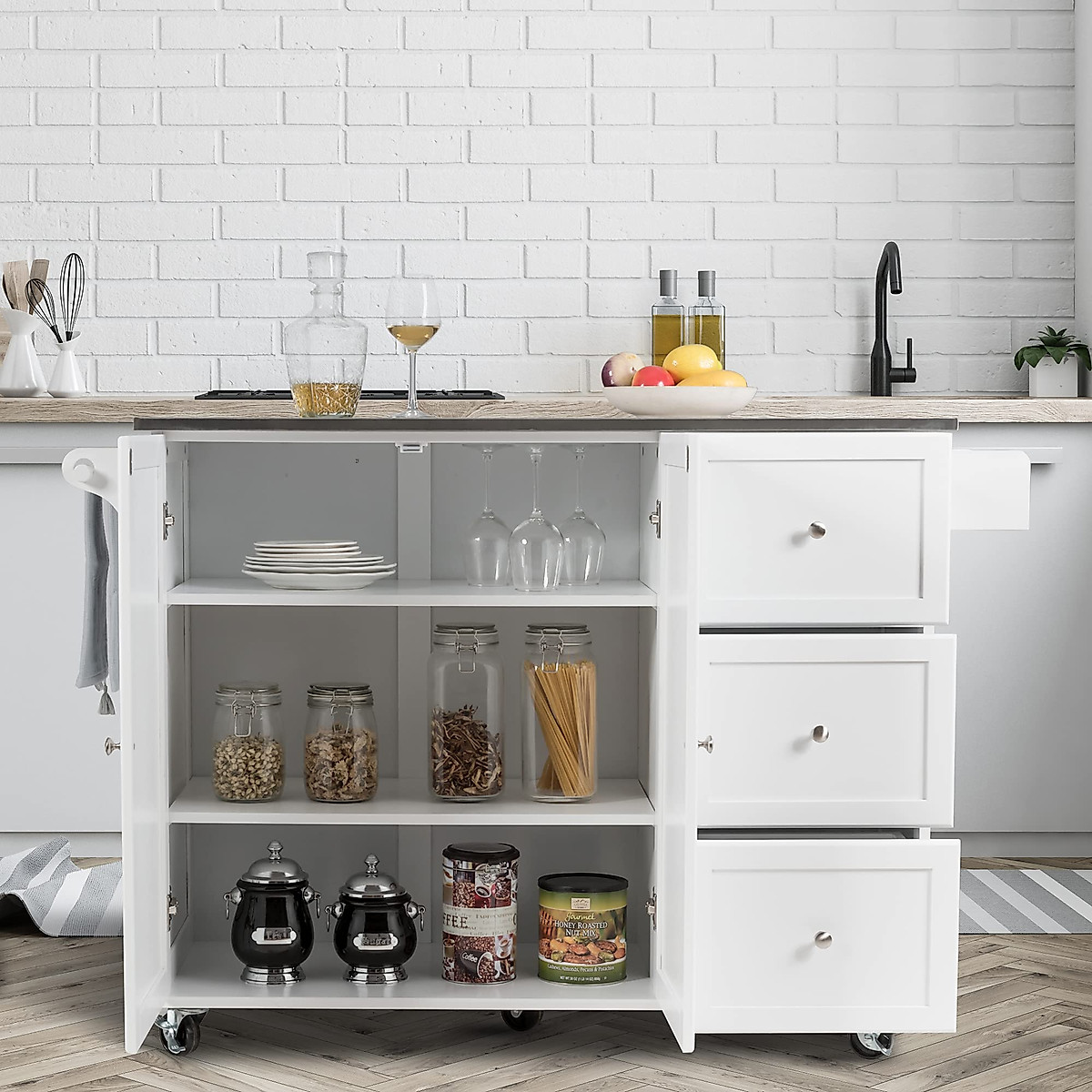 GLACER Kitchen Island Cart on Wheels, Rolling Kitchen Cart with Stainless Steel Countertop, Rolling Kitchen Island for Kitchen, Dining Room, Restaurant, 53 x 18 x 36 inches (White)