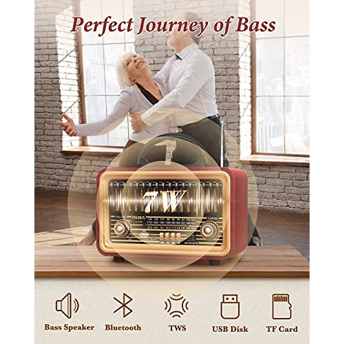 PRUNUS Retro Bluetooth Radio with Rich Bass Speakers,Loud Stereo Sound,Portable Wireless Speakers AM FM Radio with USB, TWS Pairing, BT5.0, TF Card & MP3 Player for Home/Party/Outdoor/Gift