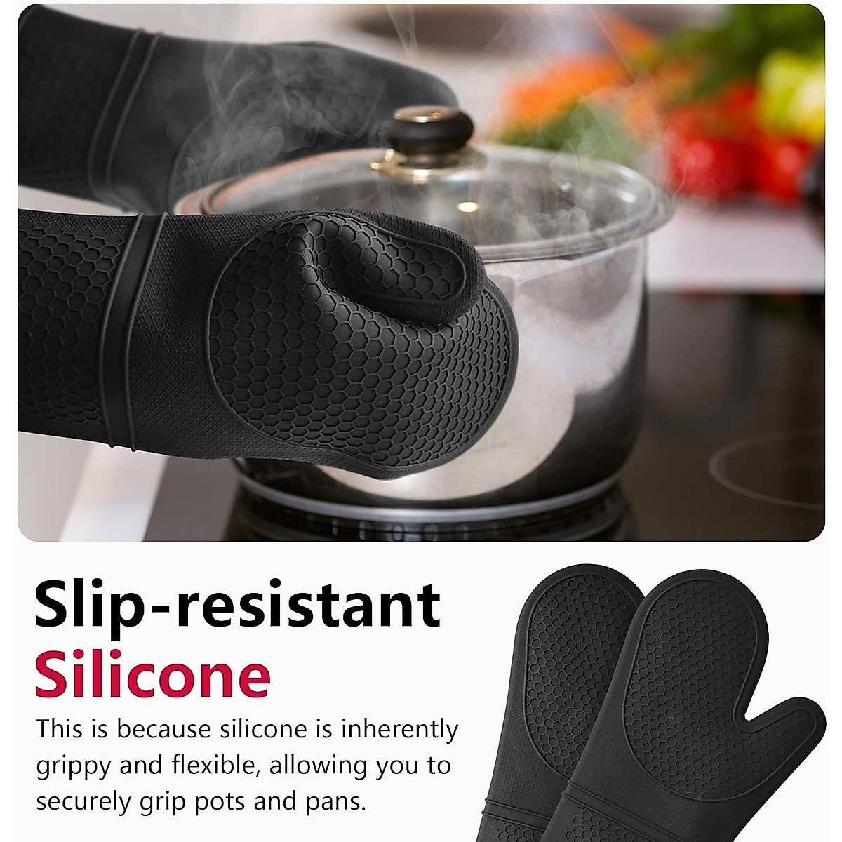Extra Long Silicone Oven Mitts, Heat and Slip Resistant Oven Mitts with Soft Cotton Lining Non-Slip Textured Grip, Long Flexible Thick Gloves for BBQ, Baking, Cooking, 12.59 inches, Black