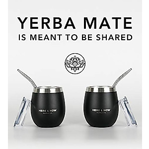 Here & Now Yerba Mate Cup and Bombilla Set | 2 Mate Gourds, Spill Resistant Lids, & Mate Straws | Bombilla Brush & Pouch Included | Yerba Mate Gourd Kit with Bombilla Mate & Mate Tea Cups (Black)
