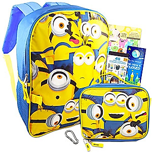 Despicable Me Backpack and Lunch Box for Kids - 6 Pc Bundle with 16" Minions Backpack, Lunch Bag, Minions Stickers, Monster Stickers, Backpack Clip, and More (Despicable Me School Supplies)