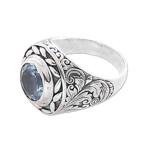 NOVICA Artisan Handmade Blue Topaz Cocktail Ring Crafted Bali Sterling Silver Indonesia Birthstone Gemstone [ring Front 0.7 in H x 0.8 in W x 0.3 in D Band Width 4 mm W] ' Tari Lotus'