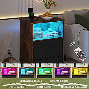 Qupui Led nightstand with Charging Station, Small nightstand with 2 Drawers, Smart nightstand with Open Storage, Bedside Nightstand for Bed and Top, Living Room, Rustic Brown