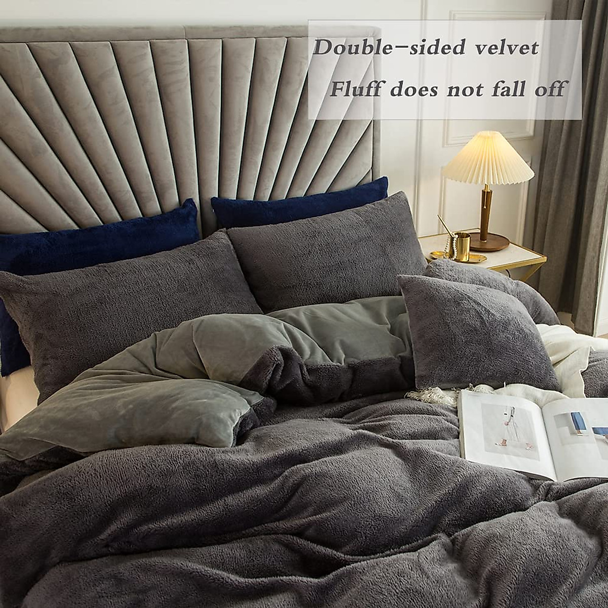 JSZS Velvet Plush Shaggy Duvet Cover Set,Luxury Ultra Soft Fluffy Duvet Cover Set,Winter Fuzzy Duvet Cover Set, (1 Faux Fur Duvet Cover +2 Faux Fur Pillow,Full/Queen,Dark Gray)