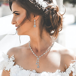 EleQueen Women's Cubic Zirconia Marquise-Shape Teardrop Wedding Bridal Necklace Earrings Jewerly Sets