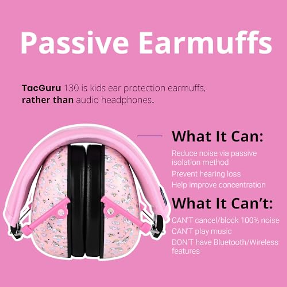 TacGuru 130 Special Edition, Kids Ear Protection Earmuffs, Hearing Protection for Kids, One Size for 3-16 Yr Old, Unicorns Pattern