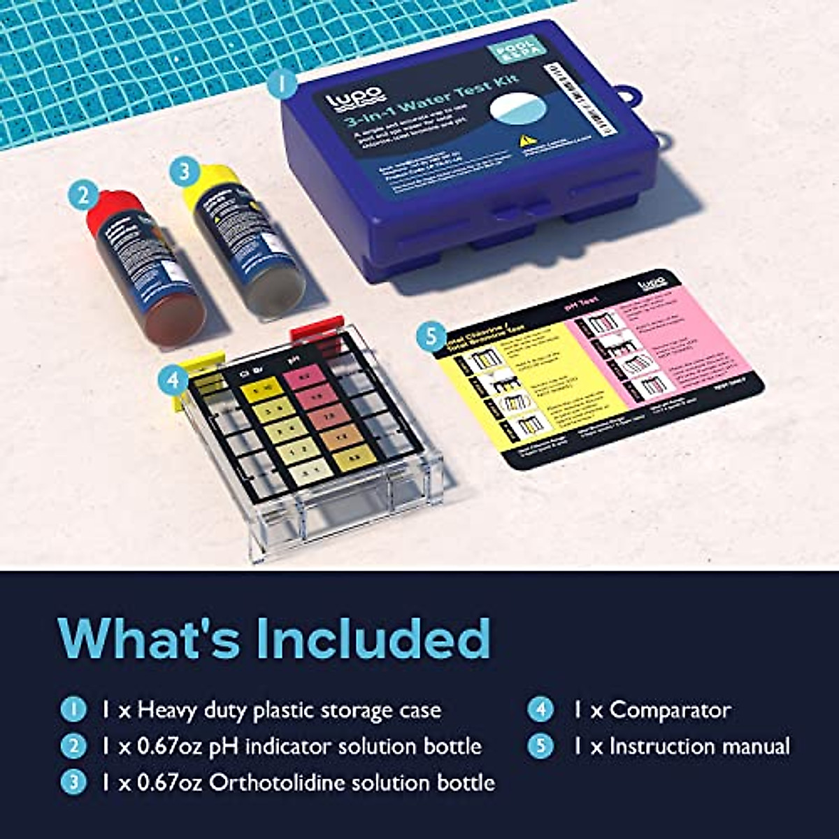 Lupo 3-in-1 Water Test Kit for Swimming Pools & Spas | Water Chemical Test Kit for pH, Total Chlorine and Total Bromine