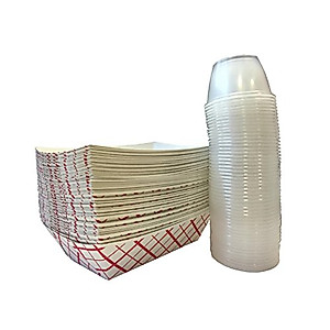 Mr Miracle 2.5 Pound Red White Plaid Paper Food Tray with Clear Plastic 4 Ounce Dip Cups. pack of 50 Sets of trays and Cups