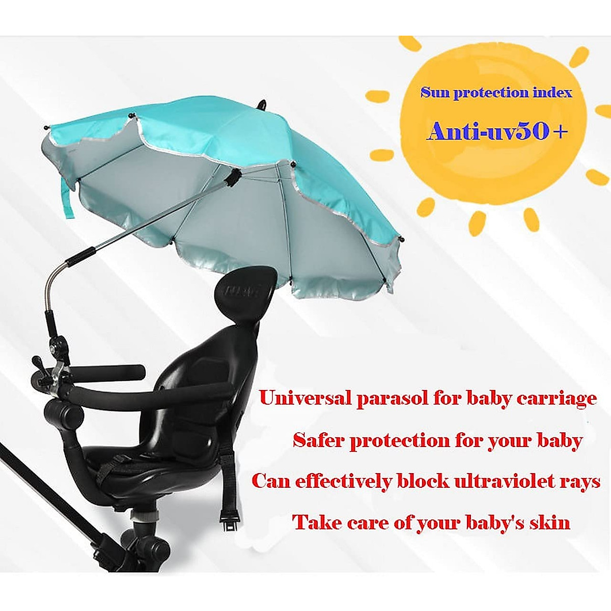 Baby Stroller Parasol, Clamp-On Shade Umbrella, with Umbrella Clip Fixing Device, 360 Degree Adjustable UV Protection, 79cm/31.1in Long, Suitable for Beach Chairs, Baby Strollers (Black)