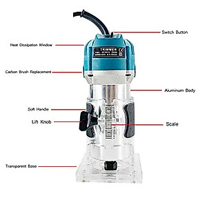 Cozyel 110V 800W Palm Router Electric Hand Trimer Wood Router 1/4" Collets Woodworking Tool Laminate Trimer, Blue