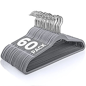 Jersow Velvet Hangers, 60 Pack Non Slip Felt Hangers Space Saving Clothes Hanger, Velvet Hanger Heavy Duty Adult Hanger for Coats and Suits (Grey)