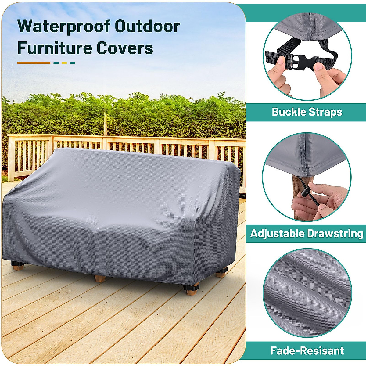 Mrrihand Patio Furniture Covers, 4 Piece Outdoor Furniture Cover Waterproof includ Ourdoor Sofa Cover, 2 Chair Covers, Coffee Table Cover with Windproof Buckle Strap and Adjustable Drawstring