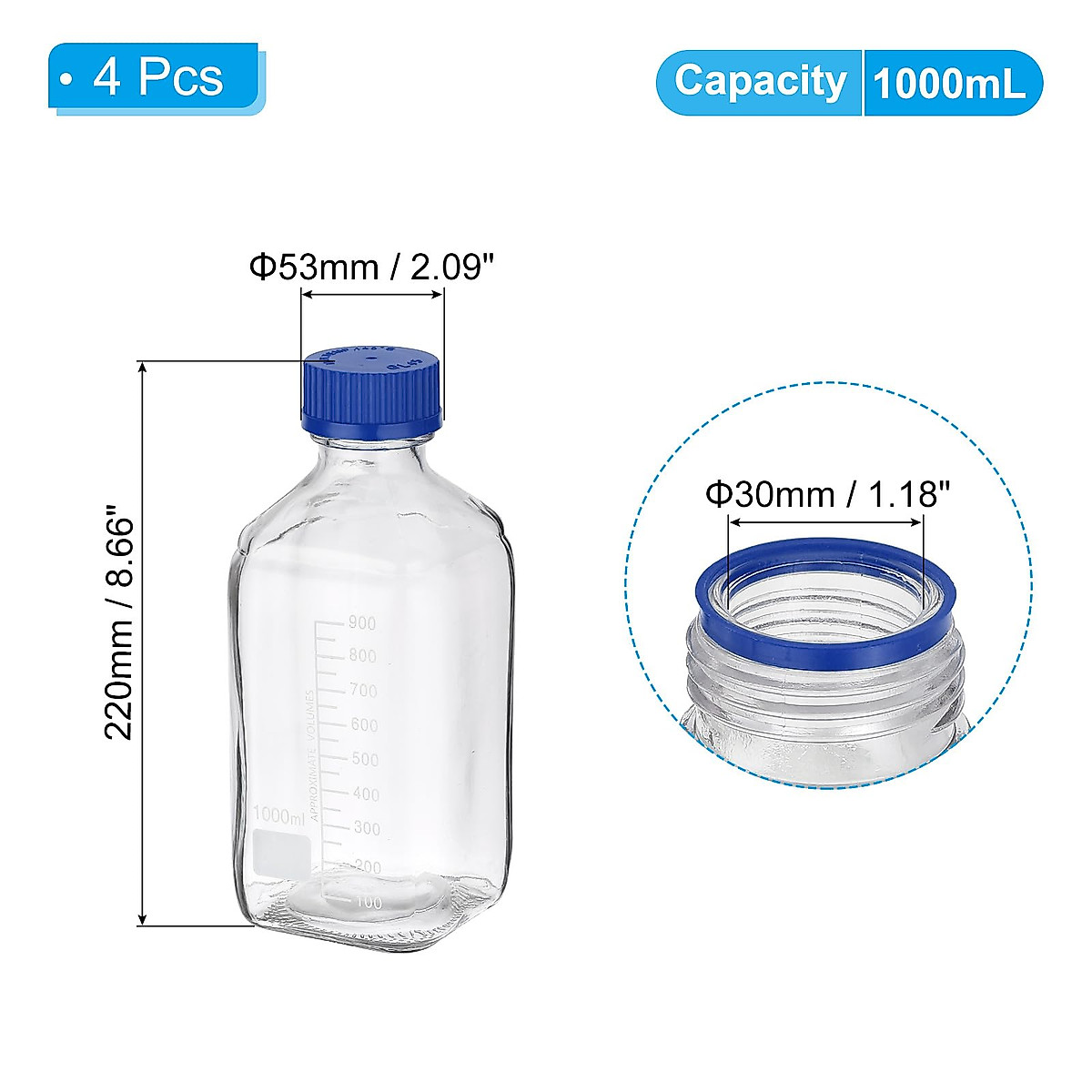 PATIKIL 4 Pack Reagent Media Storage Bottles, 1000ml Borosilicate Glass Square Graduated Round Bottles with GL32 Blue Screw Cap for Lab Water Reagent Liquids, Clear