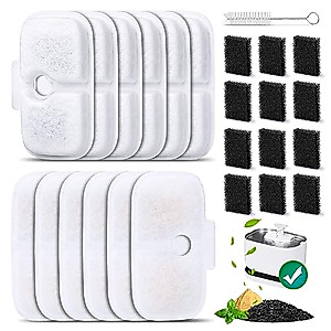 12 Pack Replacement Filters for 2.5L/84oz Dockstream Cat Fountain PLWF005/PLWF115, Cat Water Fountain Replacement Filters, Triple Action Pet Fountain Filter and Pre-Filter Sponge(1 Brush)