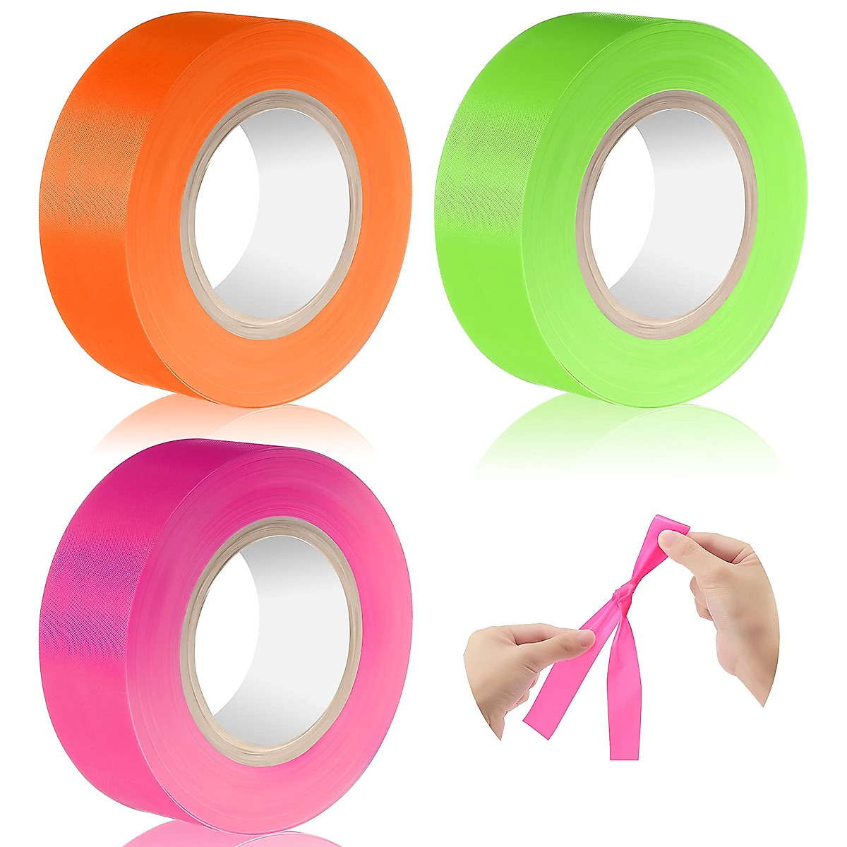 3 Pieces Flagging Tape Plastic Ribbon Multipurpose Neon Marking Tape Neon Flagging Tape 1 Inch Wide Non-Adhesive Tape for Boundaries and Hazardous Areas, Home and Workplace Use (Classic Colors)