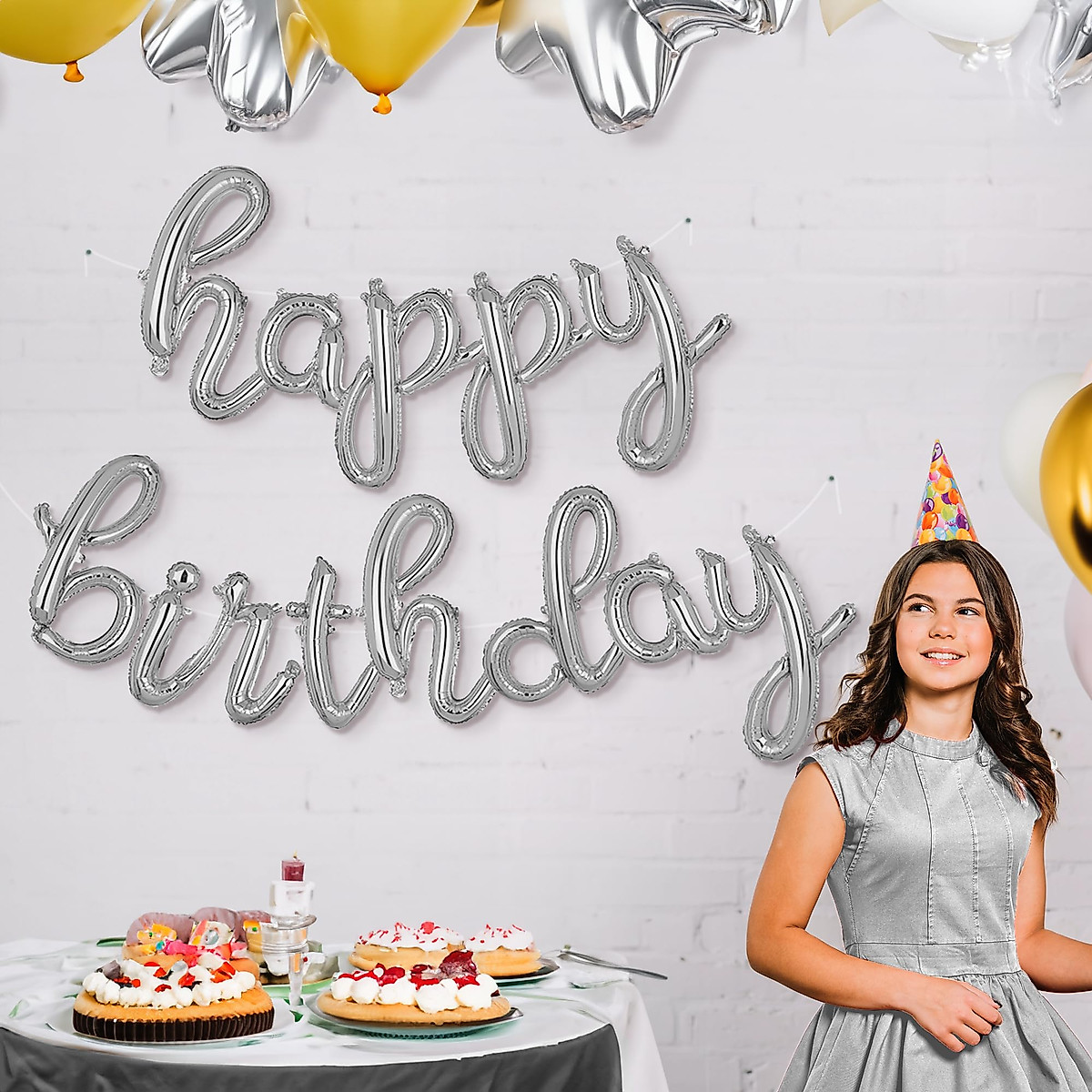 Silver Happy Birthday Balloons Banner | Script / Cursive Gold Letter Balloon Sign For Birthday Party Decor / Decoration | Foil Mylar Happy Birthday Banner (Silver)