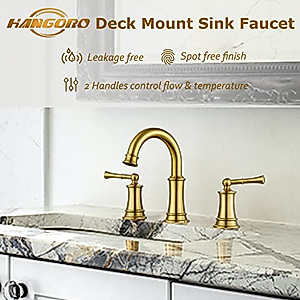 Hangoro Widespread Bathroom Faucet, Brush Gold 2-Handle Faucets for Bathroom Sink, Rough-in Valve & Pop Up Drain Included, Touch On Bathroom Faucets for Vanity, Lavatory, Bathroom(L2304-BG)