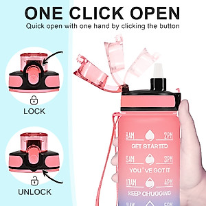 Enerbone 32 oz Water Bottle, Leakproof BPA & Toxic Free, Motivational Water Bottle with Times to Drink and Straw, Fitness Sports Water Bottle with Strap for Office, Gym, Outdoor Sports, Pink-Blue