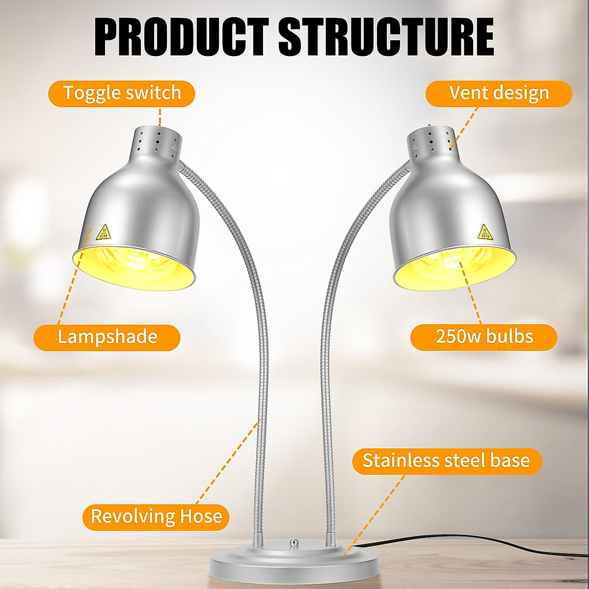 FRYPLS Food Heat Lamp,500W Commercial Grade Adjustable 2-Head Warmer Warming Light with 3- Bulbs,Stainless Free-Standing Catering Heating Lamp for Kitchen Cafeteria Restaurant Buffet