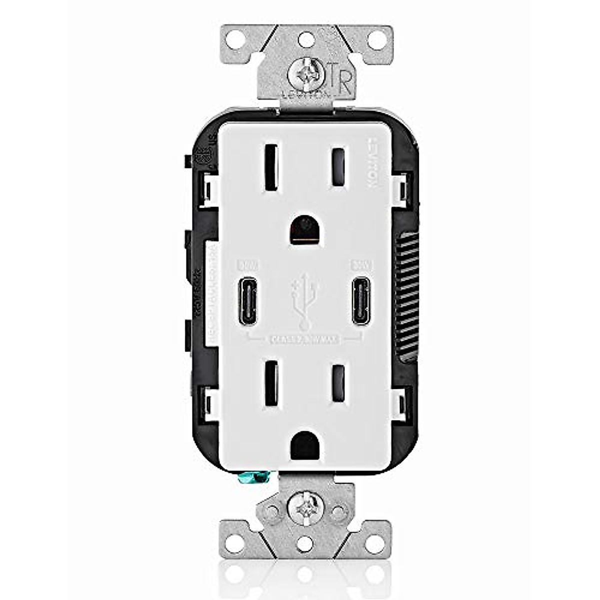 Leviton T5635-W USB Dual Type-C with Power Delivery (PD) In-Wall Charger & T5632-W 15-Amp Charger/Tamper Resistant Duplex Receptacle, 1-Pack, White