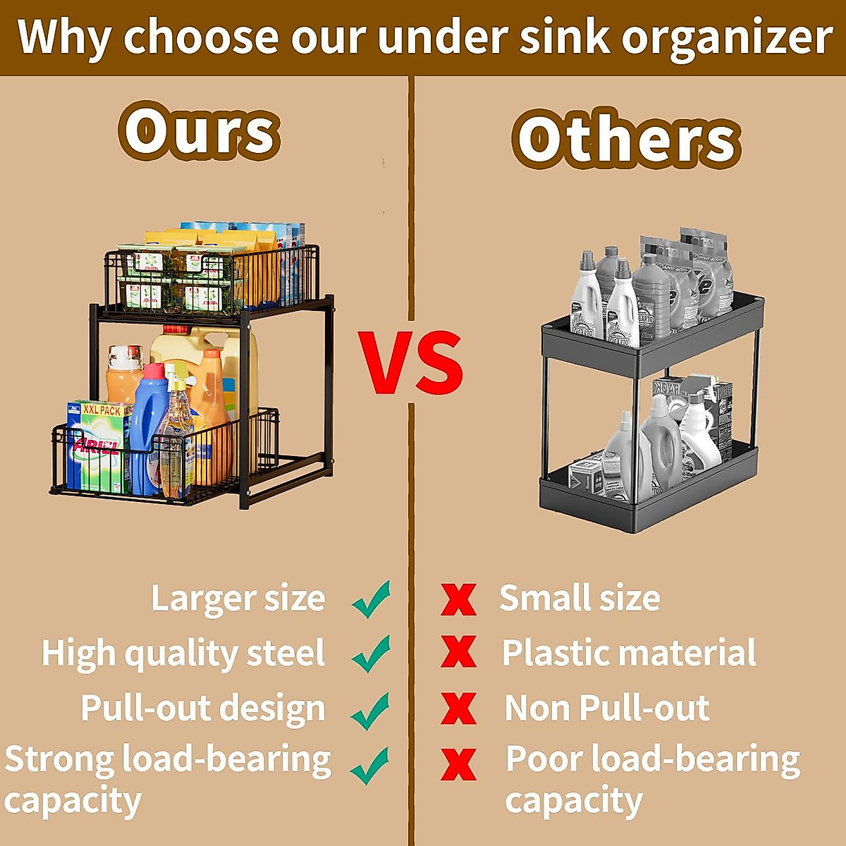 SILUB Under Sink Organizer, 2-Tier Pull Out Cabinet Organizer, Kitchen Bathroom Organizer and Storage, Spice Rack for Kitchen, Multi-use Sliding Drawers Shelves (1 Pack)