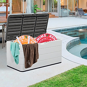 Mrosaa 110 Gallon Outdoor Deck Box, Outside Storage Box Waterproof for Cushion Storage, Garden Tools, Lockable Outdoor Storage Bin, Light Beige