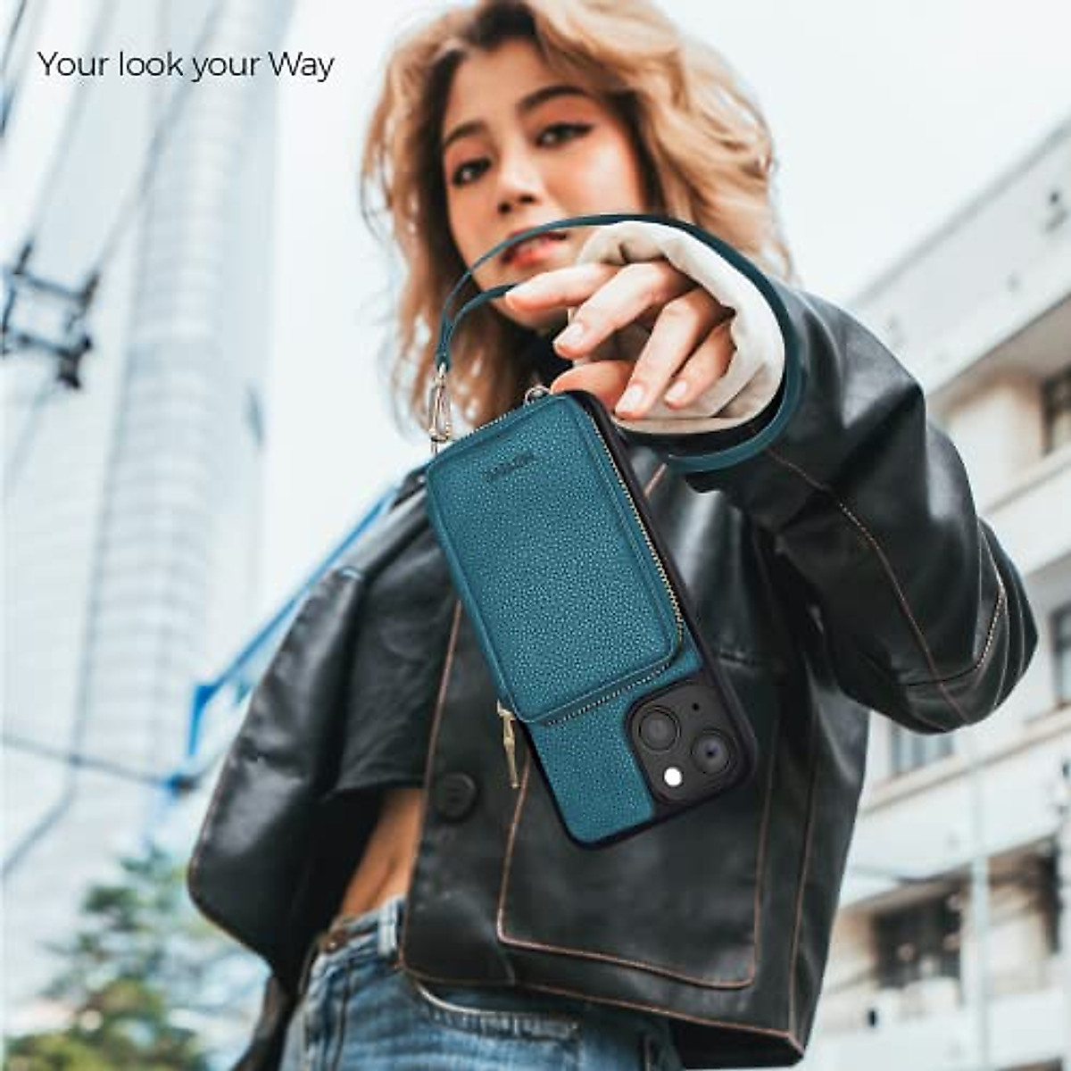 MOTIVE for iPhone 14 Plus Wallet Case Designed in New York, Crossbody Phone Case for Apple iPhone, Zipper Purse Case Wallet with RFID Blocking Card Holder | 6.7" Color Blue Teal - Fancy Series