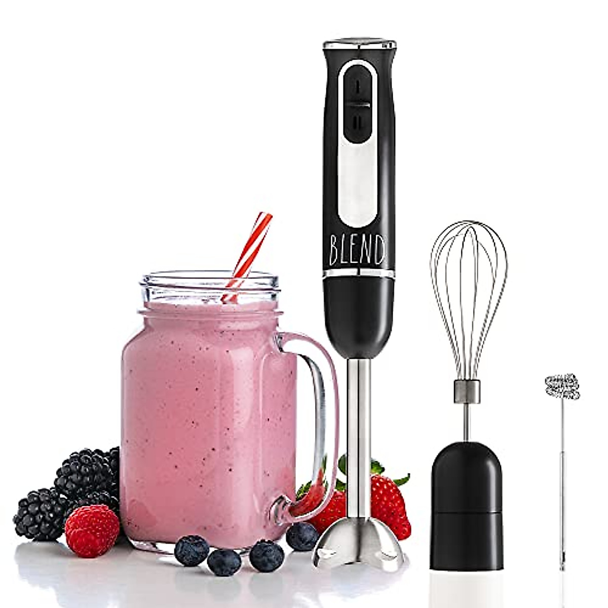Rae Dunn Immersion Hand Blender- Handheld Immersion Blender with Egg Whisk and Milk Frother Attachments, 2 Speed Blender, 500 Watts, Stainless Steel Blade (Black)