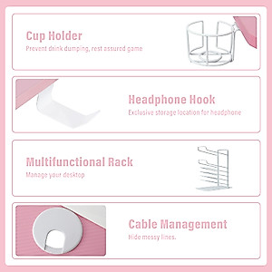 YOUTHUP Gaming Desk with LED Lights, 55 Inch Z Shaped Game Desk for PC Gamer, Ergonomic Racing Style Computer Table Workstation with Remote Control, Headphone Hook, Cup Holder, Handle Rack, Pink