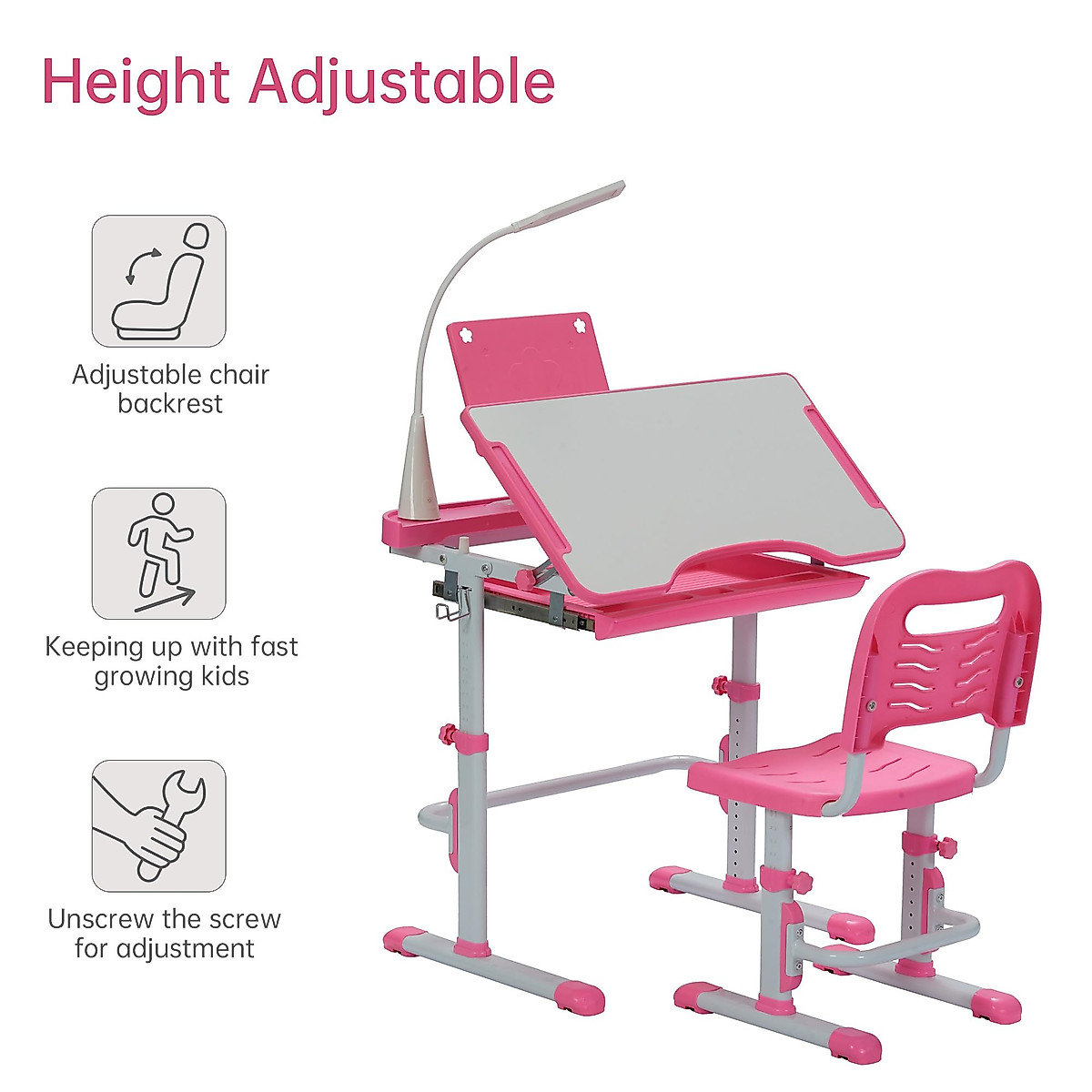 Real Relax Kids Desk and Chair Set, Height Adjustable Children's School Study Writing Tables with Tilt Desktop, LED Light, Storage Drawer, Metal Hook, Book Stand, Pink