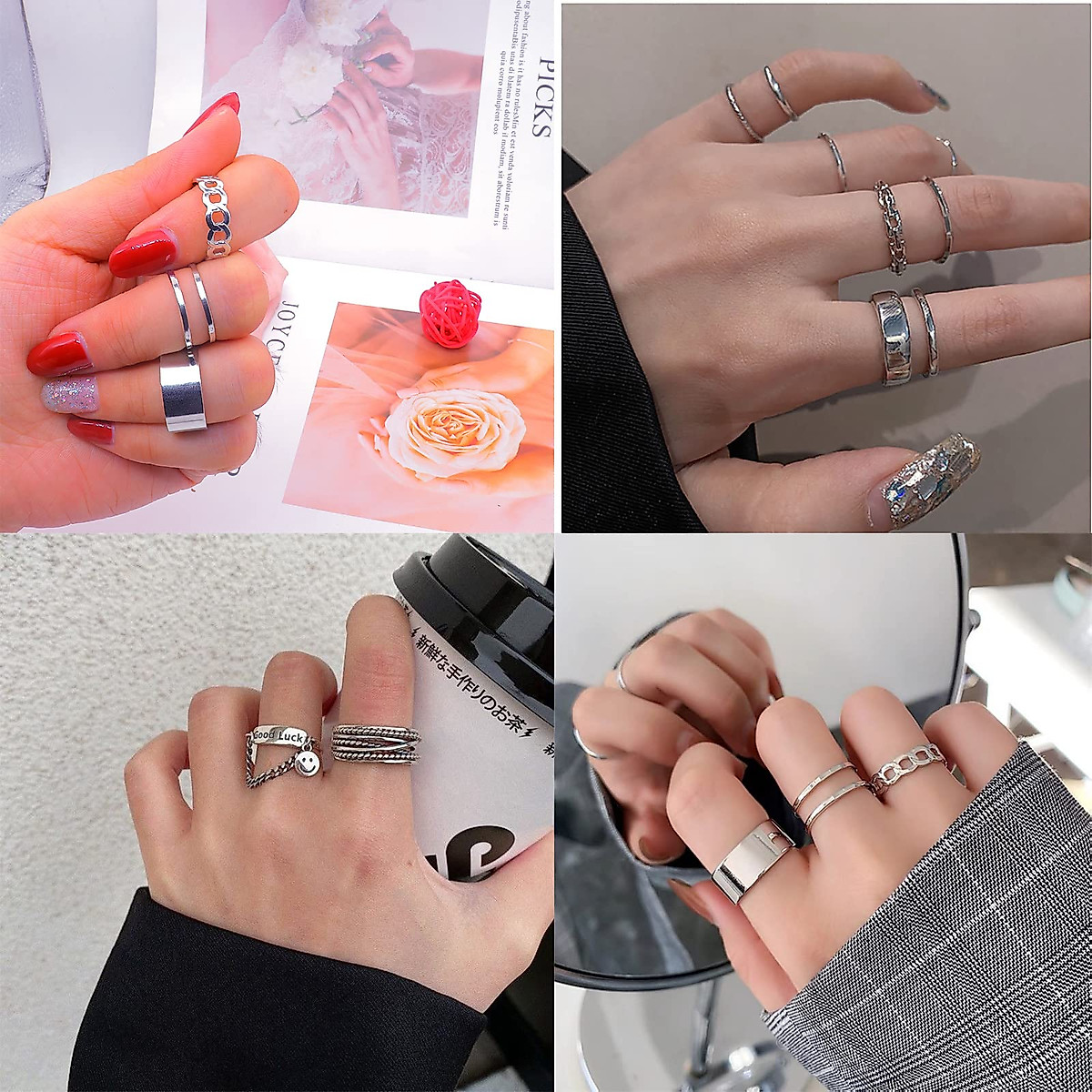 17Pcs Adjustable Punk Chain Rings Set， Vintage Knuckle Gothic Rings Set Alloy Biker Obsidian Chain Open Rings, Stackable Hollow Carved Finger Rings Midi Rings Joint Jewelry for Women (Silver)