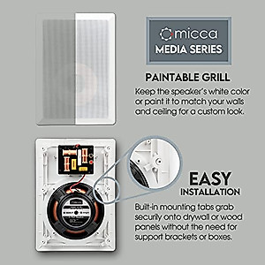 Micca M-8S 8 Inch 2-Way in-Wall Speaker for Home Theater, Whole House Audio, Indoor or Covered Outdoor Areas, 8" Poly Woofer, 1" Pivoting Silk Tweeter, White, Paintable, Each