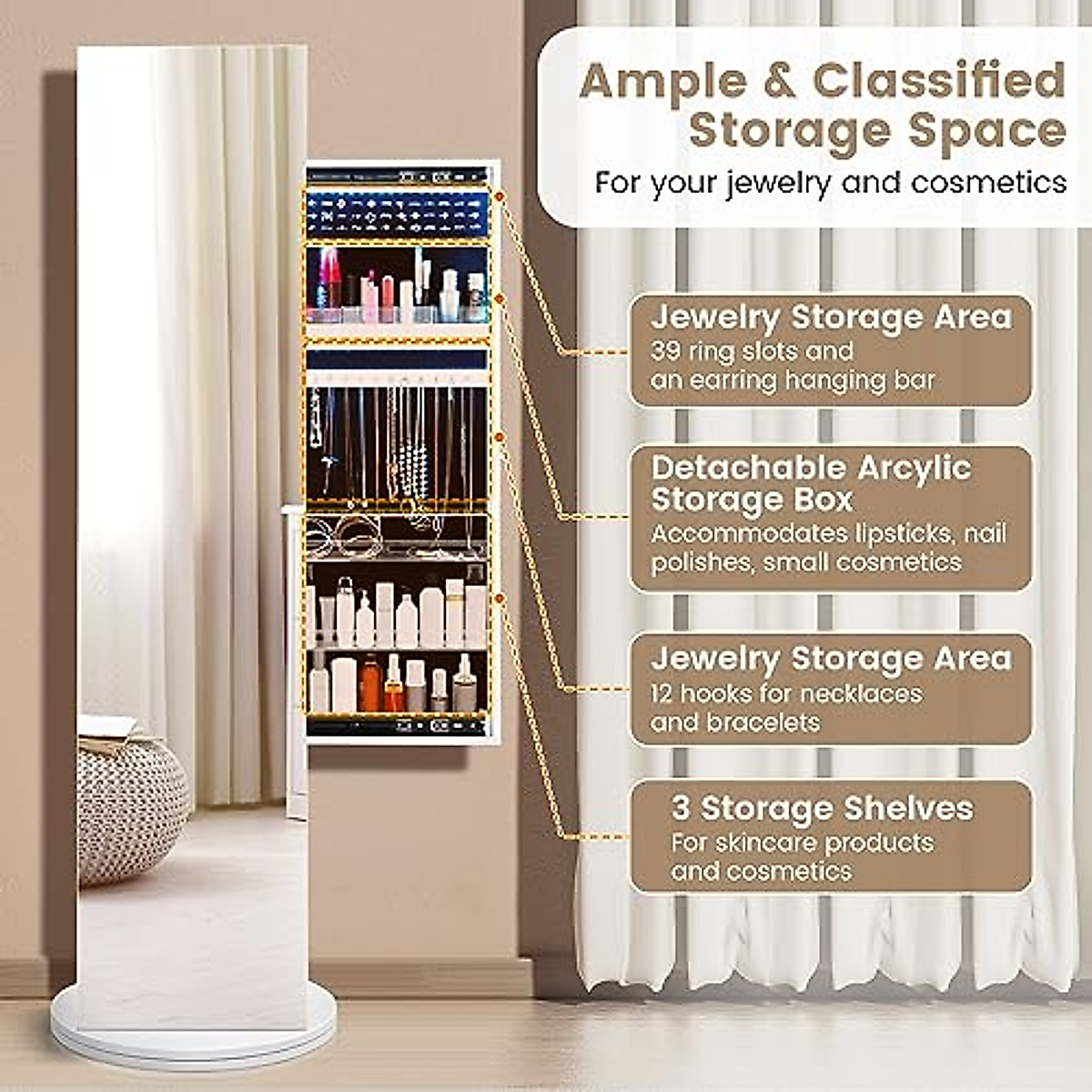 CHARMAID 65.5" H Jewelry Armoire with Full Length Mirror and Clothes Rack, Slide-Out Jewelry Cabinet with 3-Color LED lights, Rear Shelves, Hanging Rods, 360° Swivel Jewelry Organizer Storage (White)