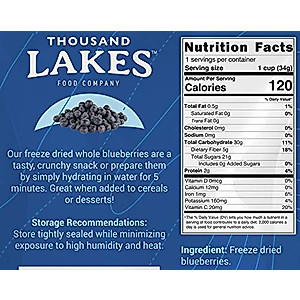 Thousand Lakes Freeze Dried Fruit - Blueberries 1.2 ounces | No Sugar Added | 100% Whole Blueberries