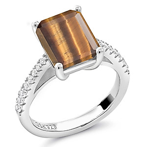 Gem Stone King 925 Sterling Silver Brown Tiger Eye and White Created Sapphire Ring For Women (3.26 Cttw, Available In Size 5, 6, 7, 8, 9)